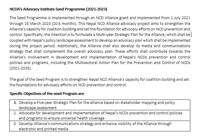 NCDA’s Advocacy Institute Seed Programme (2021-2023) « NCD Alliance Nepal